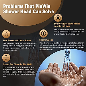 PinWin 12'' Dual Shower Head with Adjustable Extension Arm and 6-Setting Handheld Shower Head Combo, Brushed Gold