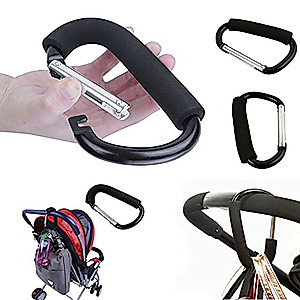 Magnoloran 4 Pack Grocery Bag Shopping Bag Holder Handle Carrier Tool Baby Stroller Hook Stroller Organizer Hook Clips Multi Purpose Snap Hook Carabiner Clip with Cushion Grip, Black & Purple