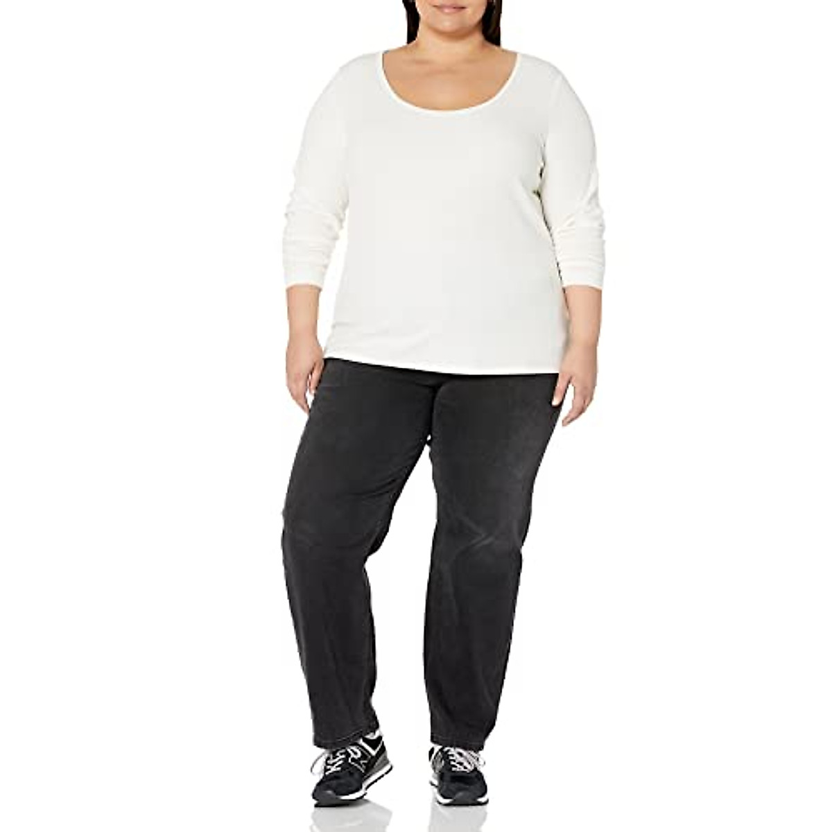 Amazon Essentials Sweater for Women, Long Sleeve Slim-Fit Rib Scoop Neck (Available in Plus Size), Pack of 2, Black/Eggshell White, Small