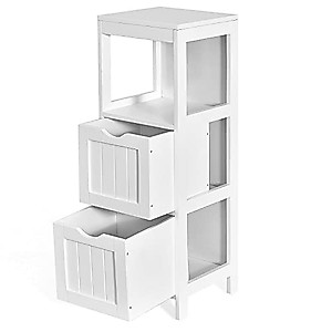 MAXCBD Nightstand Bedside Table Drawer Cabinet Bathroom Floor Cabinet Side Wooden Storage Organizer W/Removable Drawers White Bathroom Floor Cabinet Storage Tower Dresser