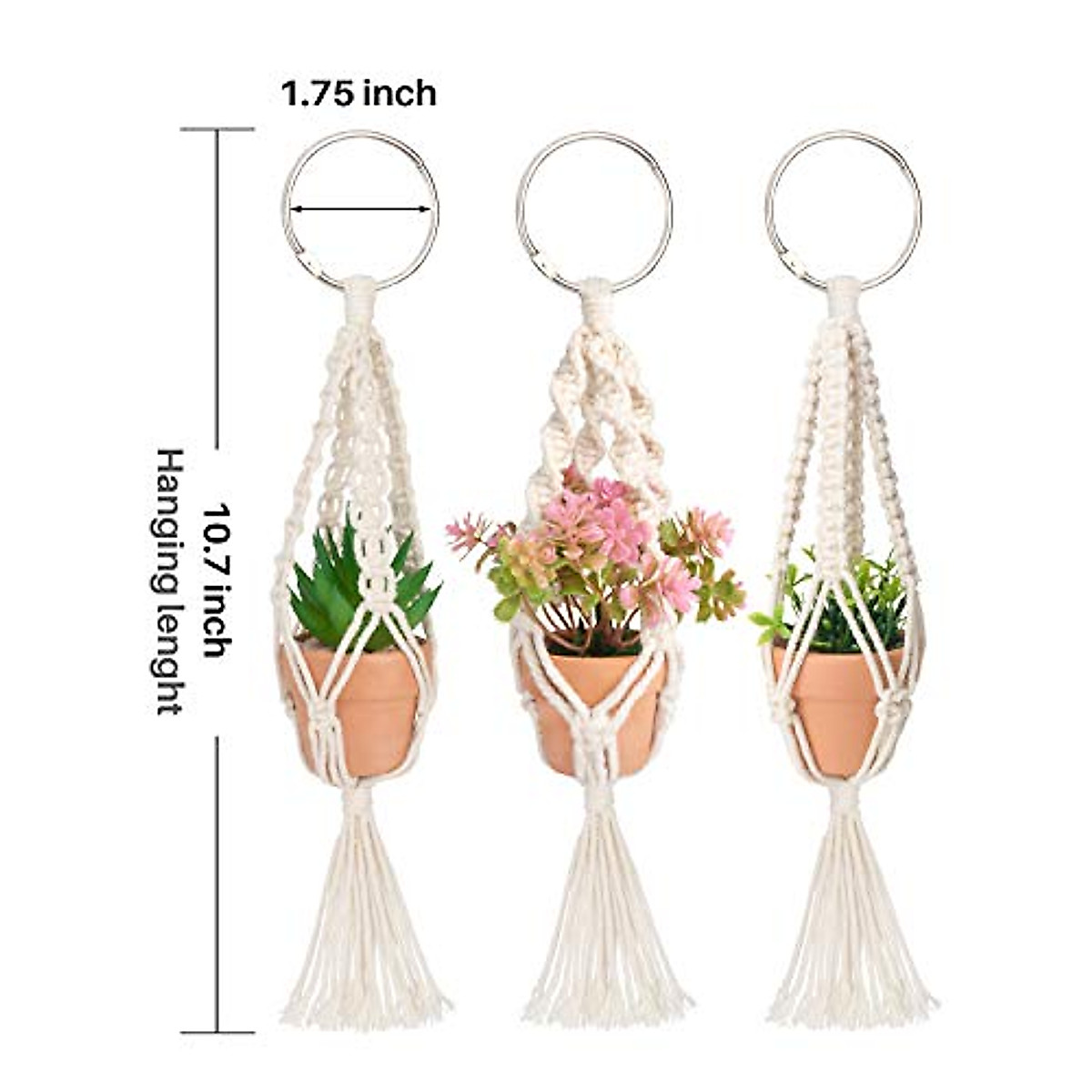 Mini Macrame Plant Hanger with Pot, 3 Pcs Small Hanging Car Plant, Cute Hanging Rearview Mirror Charms, Boho Car Decor, for Plant Lover by MoHern