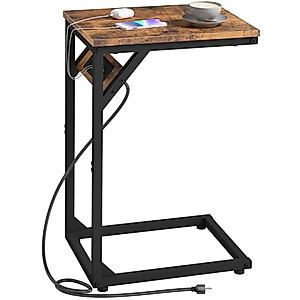 NONGSHIM Side Table, Slim C Shaped End Table with Charging Station, Small Snack Table for Living Room, Bedroom, Sofa Table with USB Ports and Outlets for Small Spaces, Rustic Brown