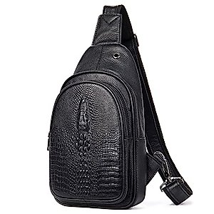 NIUCUNZH Crocodile Leather Sling Bag with Leather Strap, 3 Zipper Crossbody Shoulder Bags for Travel Hike Everyday Carry Black