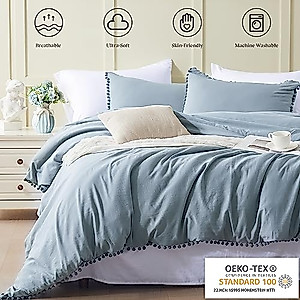 Newspin Duvet Cover Queen Size Pom Pom Fringe Blue,3Pcs Soft Breathable 100% Washed Microfiber Boho Bedding Duvet Cover Set with Zipper Closure,1 Duvet Cover(90"X90") and 2 Pillow Shams(No Comforter)
