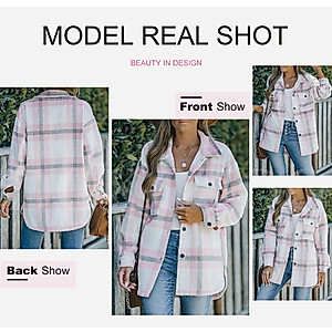 Dokotoo Womens Flannel Shirt Fashion Plaid Button Down Long Sleeve Shirts for Women Turn Down Collared Shacket Jacket Comfy Winter Coats for Ladies Tops with Pockets Pink Large