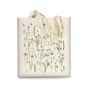AUSVKAI Canvas Tote Bag Aesthetic for Women, Cute Trendy Wildflowers Reusable Cloth Cotton Bags with Handle for Grocery School Shopping Beach