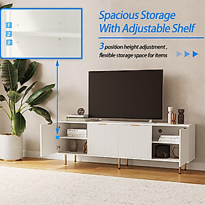 Furnicare Mid Century Modern TV Stand for 80 Inch TV, Entertainment Center Wood TV Stand with 4 Large Drawers, TV Console Table Media Cabinet with Storage for Living Room Bedroom, Warm White