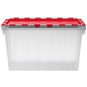 Akro-Mils 6648612-Gallon Plastic Stackable Storage KeepBox: Tote Container with Attached Hinged Lid, 21-1/2-Inch x 15-Inch x 12-1/2-Inch, Clear/Red