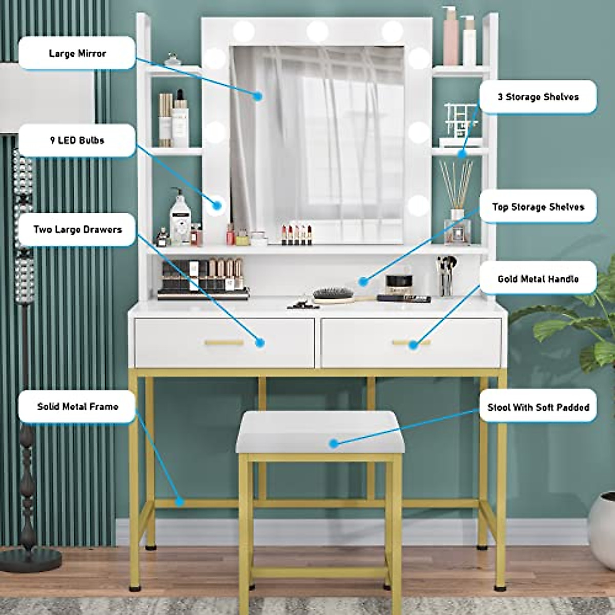 PAKASEPT Vanity Table with Lighted Mirror, Elegant Makeup Vanity Dressing Table with LED Lights and 2 Drawers & Cushioned Stool & Storage Shelves for Women Girls (White)
