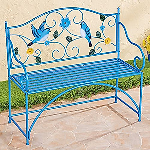 Collections Etc Blue Bird Metal Scrolling Garden Bench - Perfect Decorative Accent for Yard, Porch, and Garden
