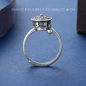 LOVECOM 100% Real 925 Sterling Silver Fidget Rotating Rings for Women Men Buddhist Tibetan Prayer Wheel Spinner Finger Ring Good Luck Lady Bands Relieving Stress Father's Day Gifts from Daughter