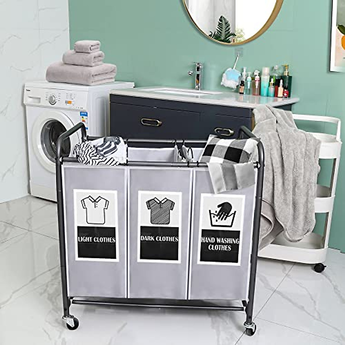C&AHOME 3-Bag Laundry Sorter Cart, Rolling Laundry Hamper Organizer, Laundry Basket Sorter, Removable Bags with 4 Sorting Cards and Heavy Duty Rolling Lockable Wheel for Clothes Storage, Grey ULSCM03G