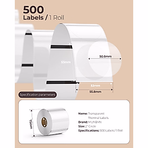 MUNBYN 2 Inch Transparent Round Thermal Label, Self-Adhesive Clear Waterproof Circle Sticker for Logo Design, Multipurpose Direct Thermal Labels, 500 Sheets/1 Roll