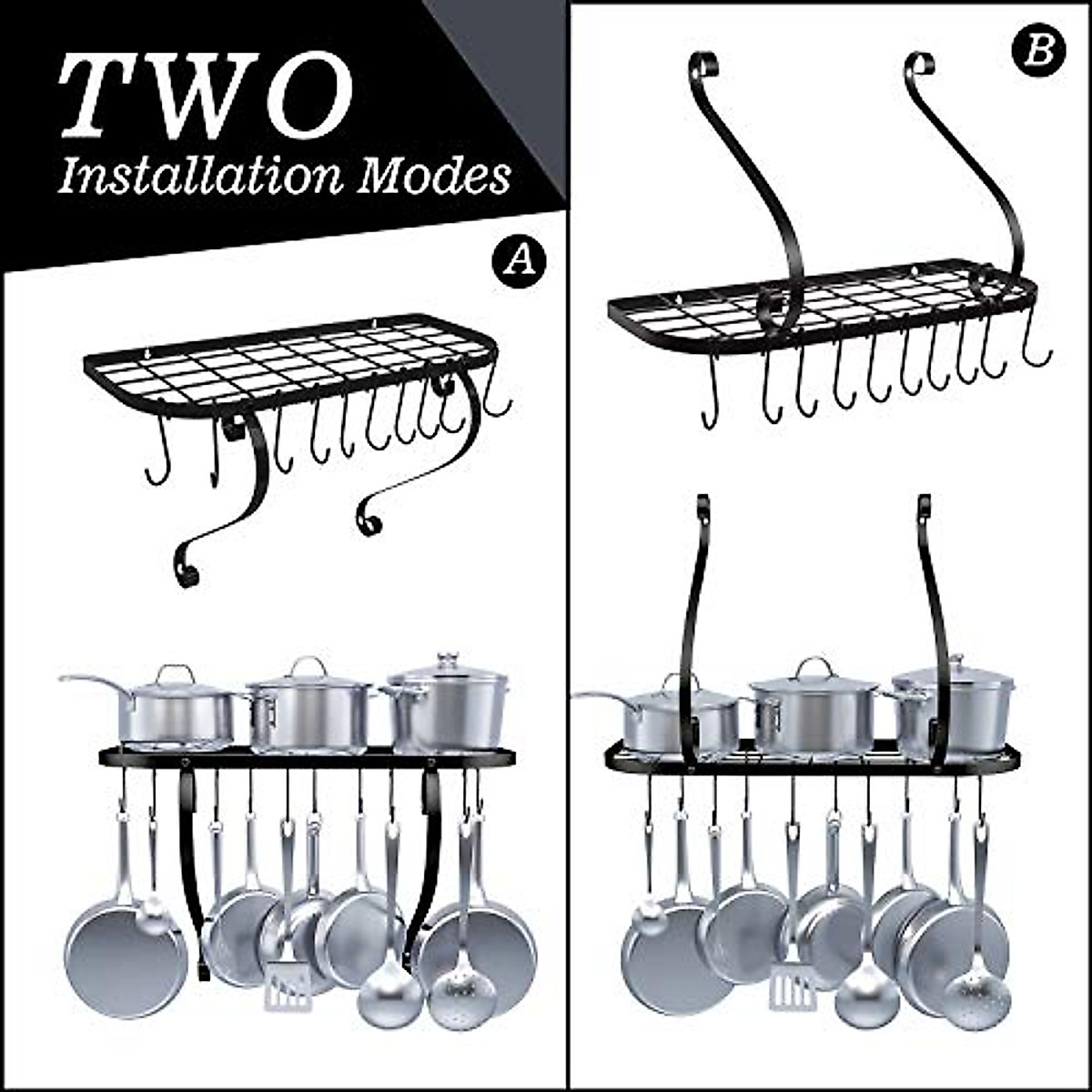 Vdomus Wall Mounted Pot and Pan Rack for Kitchen, Cookware Hanging rack with 10 Hooks Included, Hanging Pan Organizer, Black