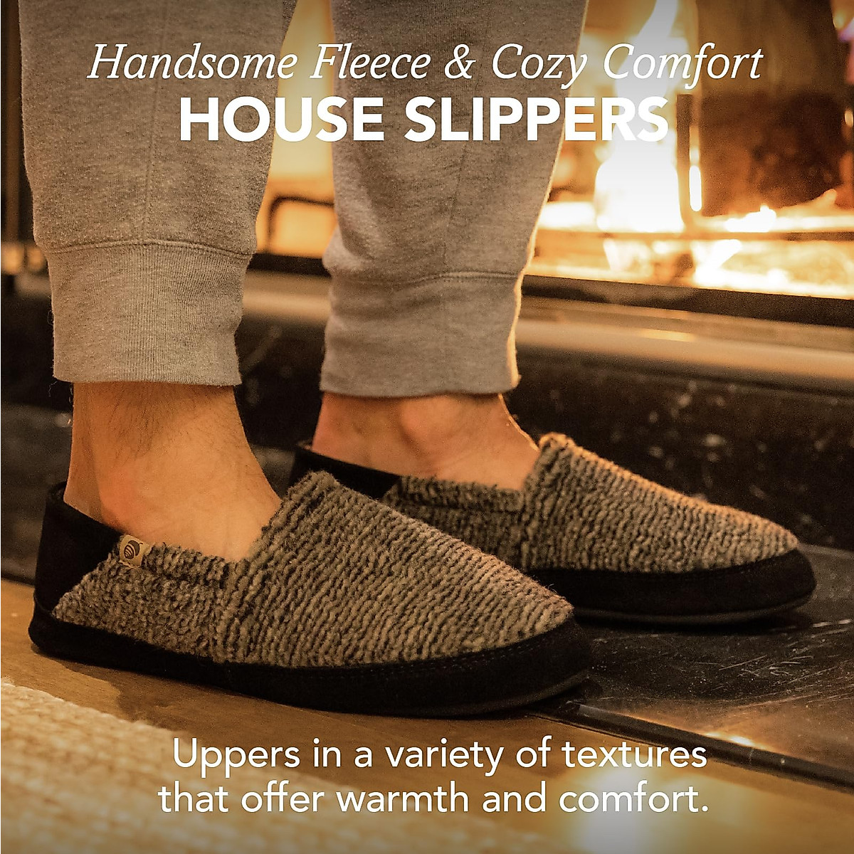 Acorn Men's Moc Slipper Suede Warm Micro-Fleece Lining, Black Berber with Collapsible Heel, 12-13