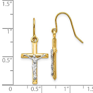 14K Two Tone Gold Lord Jesus Christ Crucifix Holy Hanging Cross Christian Religious Drop Dangle Earrings