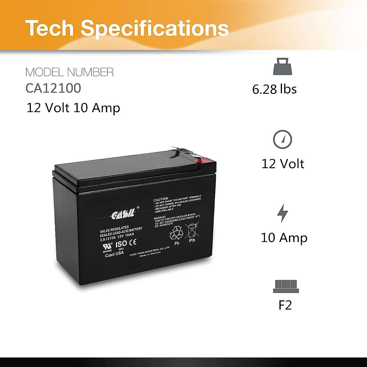 Casil 12V 10Ah Battery Sealed Lead Acid Rechargeable Battery SLA AGM Battery with F2 Terminals