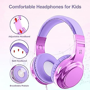 QearFun Headphones for Girls Kids for School, Kids Wired Headphones with Microphone & 3.5mm Jack, Teens Noise Cancelling Headphone with Adjustable Headband for Tablet/Smartphones-Gradient Light purple