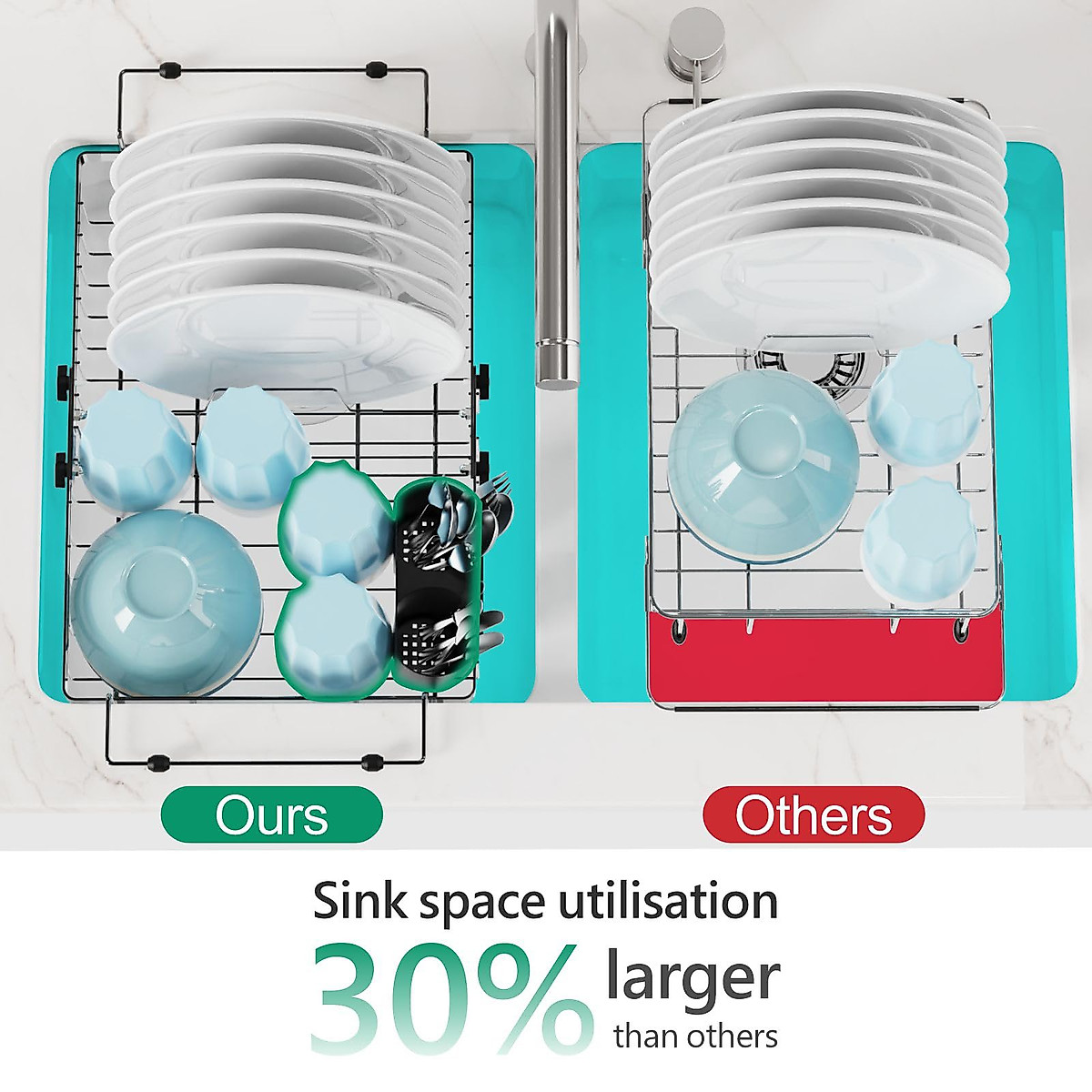 GSlife Expandable in Sink Dish Drying Rack - Stainless Steel Capacity Adjustable Over The Sink Dish Rack (10.8''-17.9''), Dish Drainer for Kitchen Sink Counter with Utensil Holder, Silver