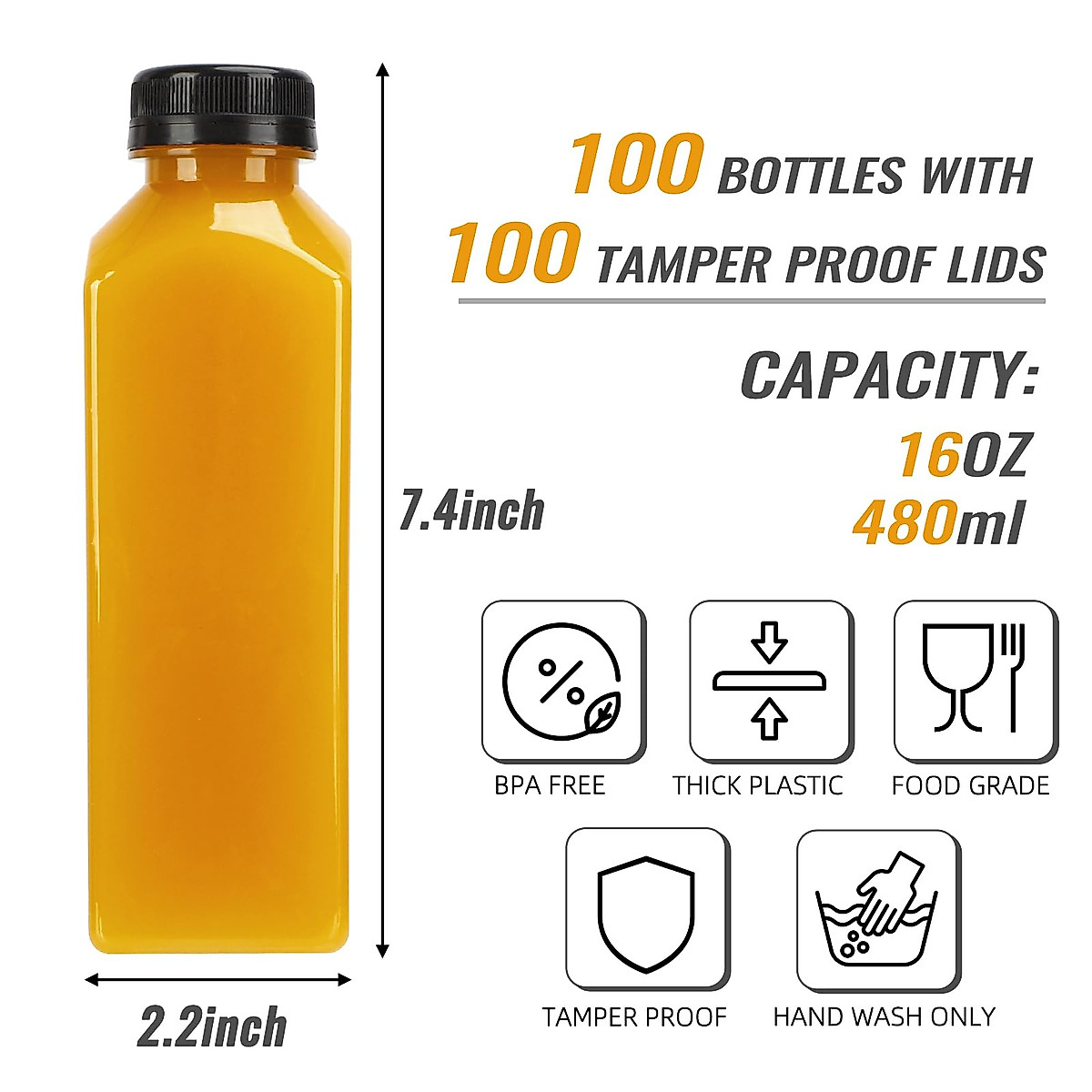 TOMNK 100pcs Plastic Bottles with Caps, 16oz Juice Bottles, Juice Bottles with Caps with Black Caps Juice Bottles with Label, Funnel and Brush Beverage Containers for Juicing, Smoothies, Tea, Milk