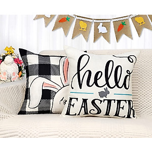 Easter Outdoor Pillow Covers, 18 x 18 inch Set of 4 Waterproof Throw Pillow Cases, Bunny Cushion Decor for Home Outside Patio Front Porch House Farmhouse B