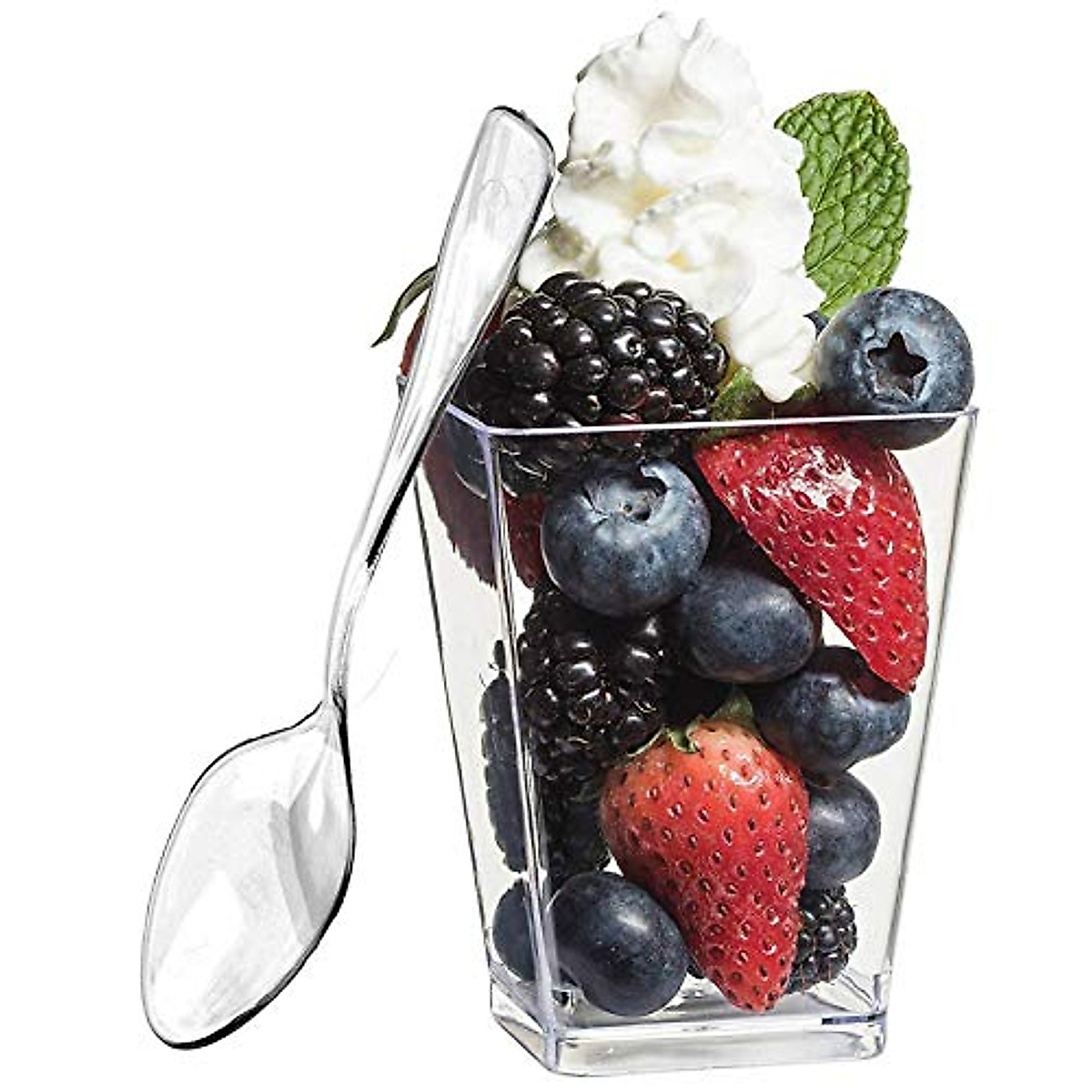 Zappy 50 5 oz Tall Square Clear Dessert Cups and 50 Tasting Spoons Dessert Glasses Shot Glasses Trifle Bowl Clear Disposable Plastic Dessert Tumbler Cups Party Cups