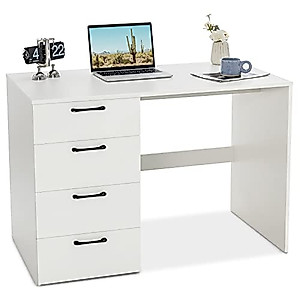 Tangkula White Desk with 4 Storage Drawers, Home Office Writing Desk, Modern Executive Desk, Laptop PC Desk, Vanity Makeup Table, Computer Workstation for Bedroom, Study Room, Office