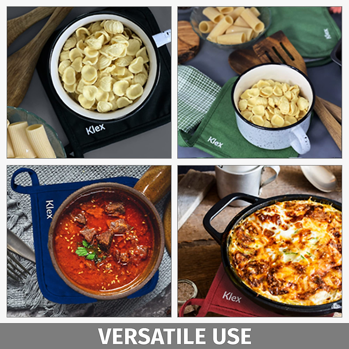 KLEX 4pcs 100% Thick Cotton Potholders for Oven Cooking and Baking, Durable 330GSM Hot Pads, Up to 482°F Degrees Heat Resistance Pot Holder, Heavy-Duty Cotton Canvas, Black