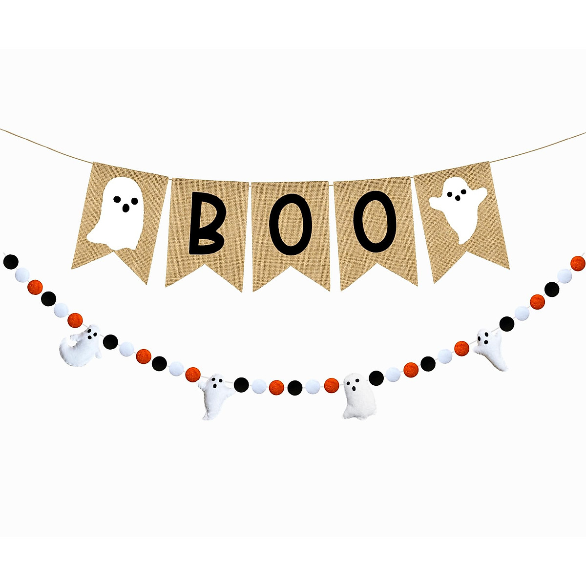 PTFNY Halloween Banner Burlap Boo Banner Ghost Felt Ball Banner Happy Halloween Banner Halloween Decor for Party Halloween Birthday Decorations