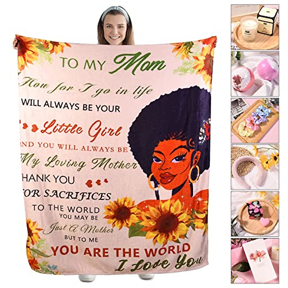 Gifts for Mom, Mothers Birthday Gifts Blanket 50 * 60 inch Basket for Mom Self Care Women Gift Box to My Mom from Daughter Son Includes Bath Balls Candle Soap Headband Hair Ties