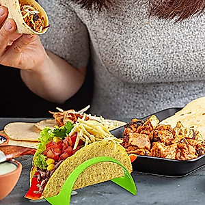 AOUXSEEM 32 Pack Taco Holder Stands with Storage Bag, Non-Toxic BPA Free Plastic Colorful Flat Bottom Taco Tray Plate Racks Party Supplies for Tortillas Burritos Hot Dog, Stand on Table, Stackable