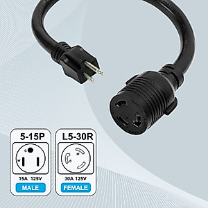 Generator Power Cord Adapter, 3 Prong 15 Amp 125V NEMA 5-15P Male Plug to 30 Amp 125V NEMA L5-30R Locking Female Connector, Black