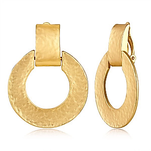 CLASSYZINT Matte Gold Clip On Earrings For Women Handmade Hammered Alloy Statement Earrings Gold Dangle Earrings Jewelry…