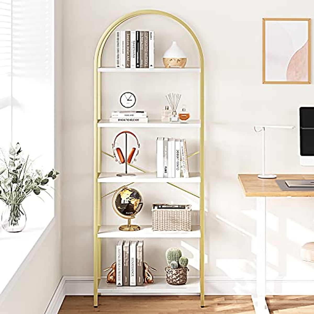 IDEALHOUSE Bookshelf 5 Tier Bookcase Arched Display Racks Tall Standing Bookshelves Metal Frame Modern Storage Rack Shelf Large Wood Book Shelf for Bedroom, Living Room, Home Office, White/Gold