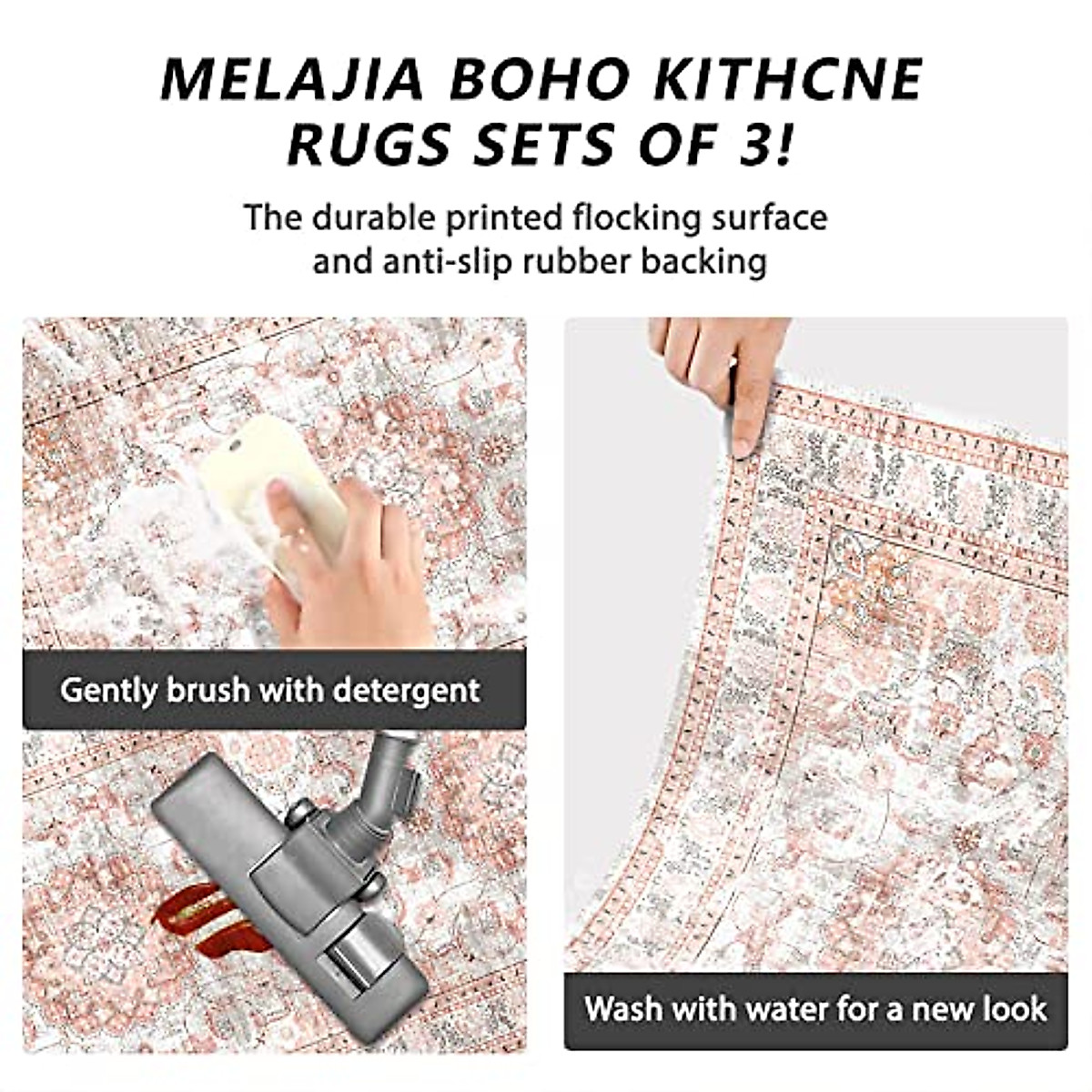 MELAJIA Boho Kitchen Rugs Sets of 3 Non Slip Washable Pink Durability Laundry Room Mat for Washer and Dryer Easy to Wipe Low-Profile Runner Rug for Hallway Entryway Bathroom