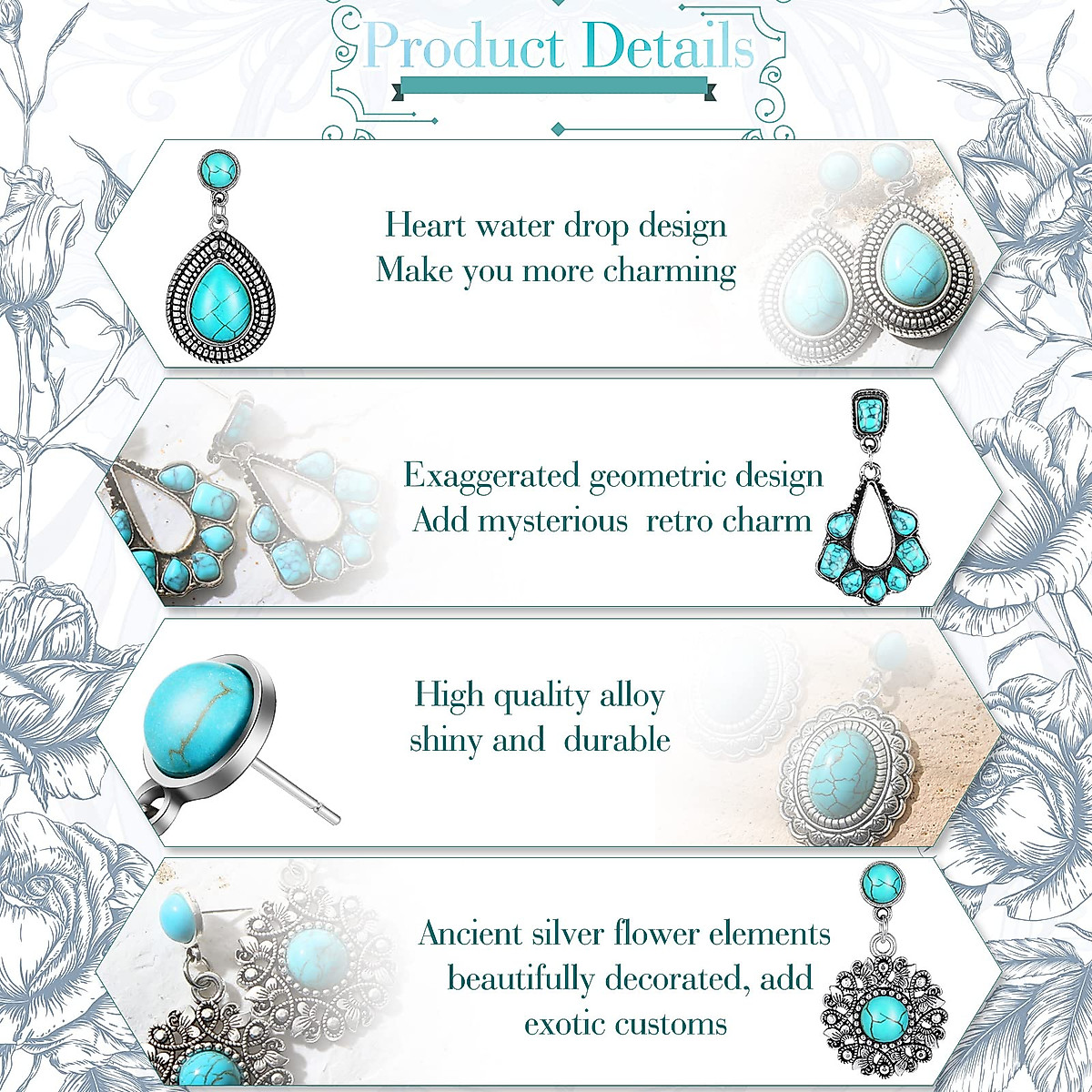 Ferraycle 6 Pairs Turquoise Earrings Set Bohemian Dangle Cowgirl Western Earrings Teardrop Aztec Earrings for Women (Vintage)