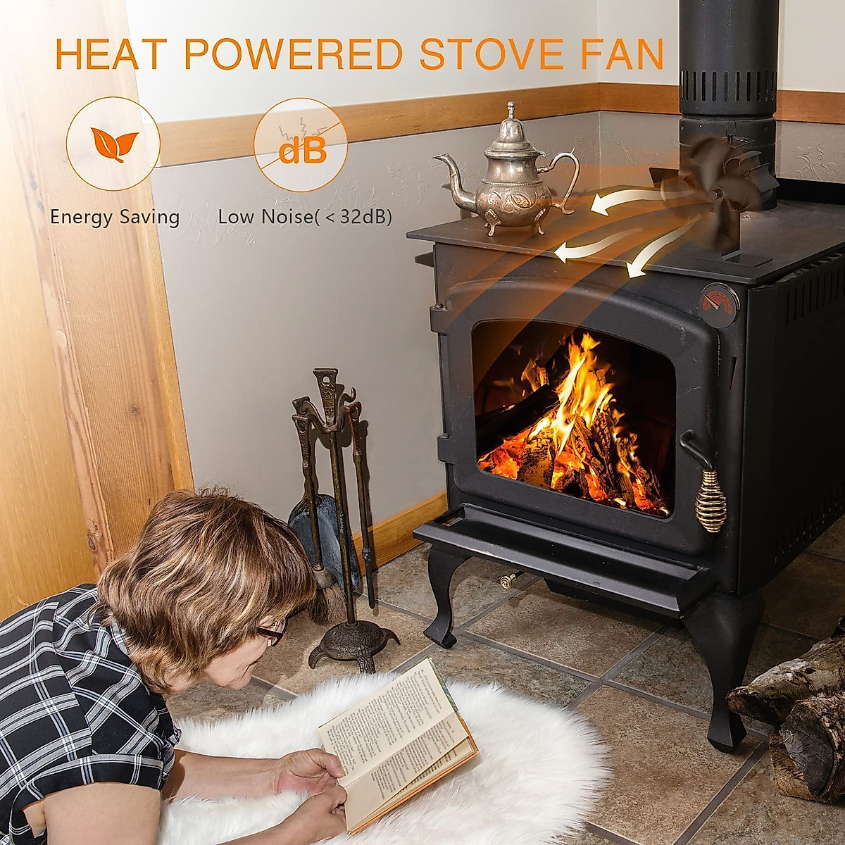 Sterktlys Wood Stove Fan, 4-Blade Heat Powered Stove Top Fan with Temperature Label, Magnetic Stove Thermometer, Efficient Heat Distribution & Silent Operation, for Fireplace, Log Burner, Pellet Stove
