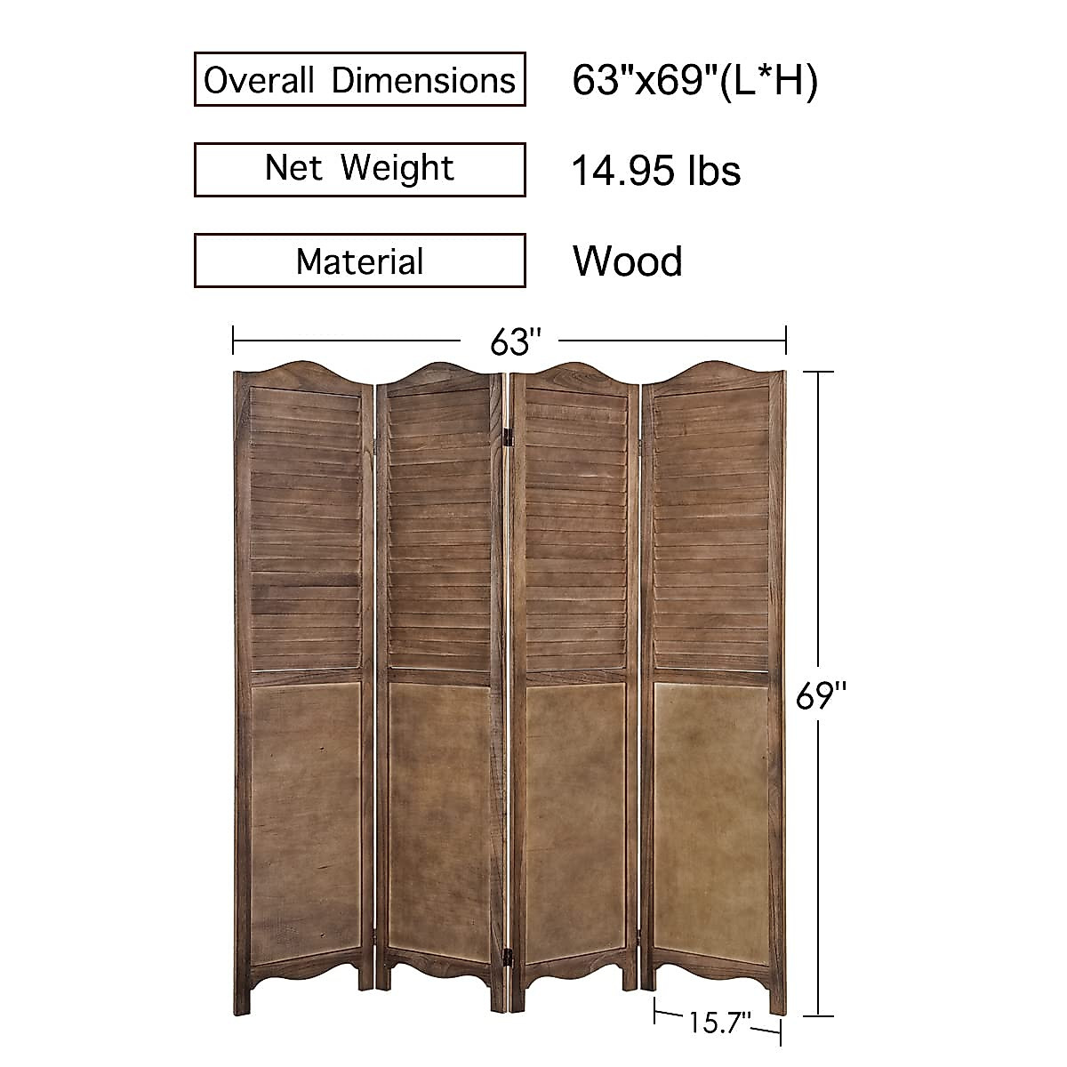 Room Divider Privacy Screen 4 Panel Room Dividers and Folding Privacy Screens 5.6ft.Tall Rustic Wood Brown Room Divider Wall Separator Partition Freestanding