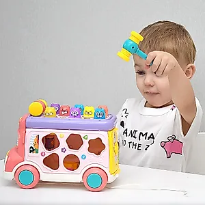 Music Activity Bus Baby Toy, Infant Education Learn Car, Sound & Light, Interactive Game, Shape Sorter, Animal Matching, Holiday Birthday Present for Toddler Kid Boy Girl 3 4 5 6 7 Years (Pink)