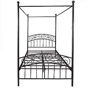JURMERRY Metal Canopy Bed Frame Four-Poster Bed with Headboard & Footboard Mattress Foundation Sturdy Slatted Structure No Box Spring Needed Easy Assembly,Full Black
