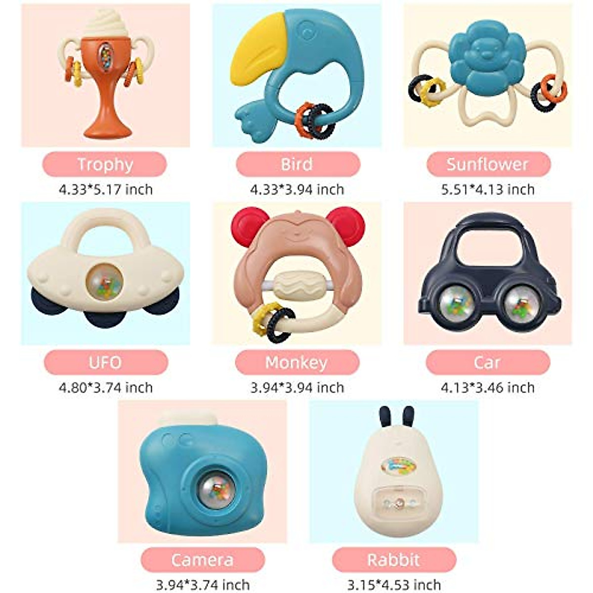 Baby Toy Rattle 8 Pcs with Storage Box Shaking Bell and Grabing Sensory Teething Spining Toy for Baby Infant, Toddlers, Boys and Girls 0-3 Years Old