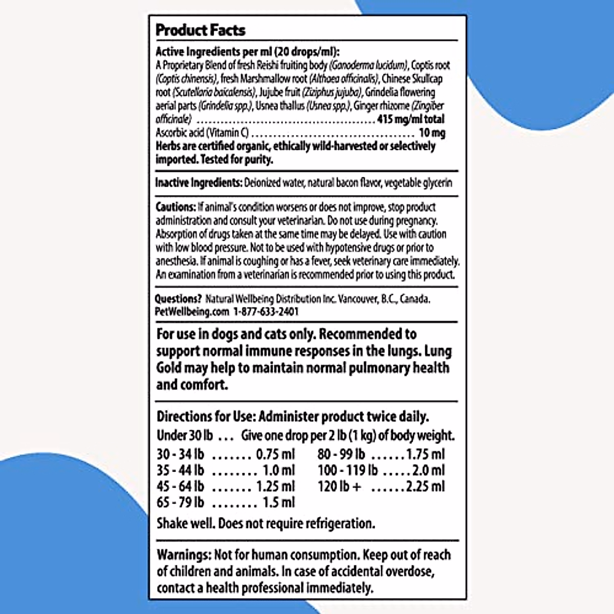 Pet Wellbeing Lung Gold for Cats - Vet-Formulated - Lung & Respiratory Immune Support, Open Airways, Easy Breathing - Natural Herbal Supplement 2 oz (59 ml)