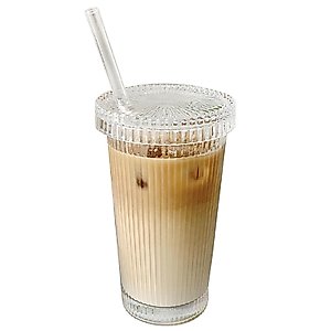 MEFFE Ribbed Glass Stem-ware, Glass Tumbler Stripe Glass Cup, Elegant Ribbed Glass Tumblers, Ribbed Glass Drinking Jars, Coffee Cup With Lid and Straw Drinking Glasses for Iced Coffee, Milk, Tea, Jui