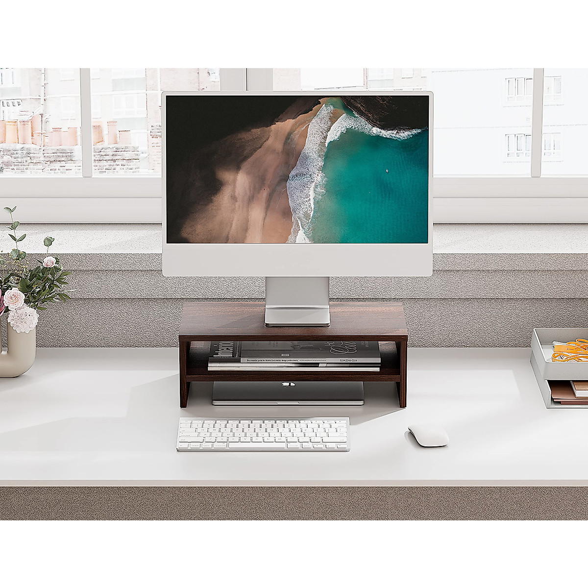 FITUEYES Monitor Stand - 2 Tier Computer Monitor Riser with 16.7 Inch Shelf, Wood Desktop Stand for Laptop Computer Screen, Desk Organization, Office Supplies