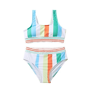 Milumia Girl 2 Piece Striped Bikini Swimsuit Contrast Mesh Scoop Neck Bathing Suit Green and White 11-12 Years