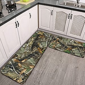 YouTary Autumn Hunting Tree Camo Pattern Kitchen Rug Set 2 PCS Floor Mats Washable Non-Slip Soft Flannel Runner Rug Doormat Carpet for Floor Home Bathroom, 17" x 47"+17" x 24"-M