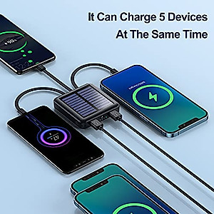 Solar Power Bank 12000mAh,Small Solar Charger Built in 4 Cables,USB C Input/Output,Dual Flashlight External Battery Portable Charger Power Bank for iPhone,Tablet,Samsung