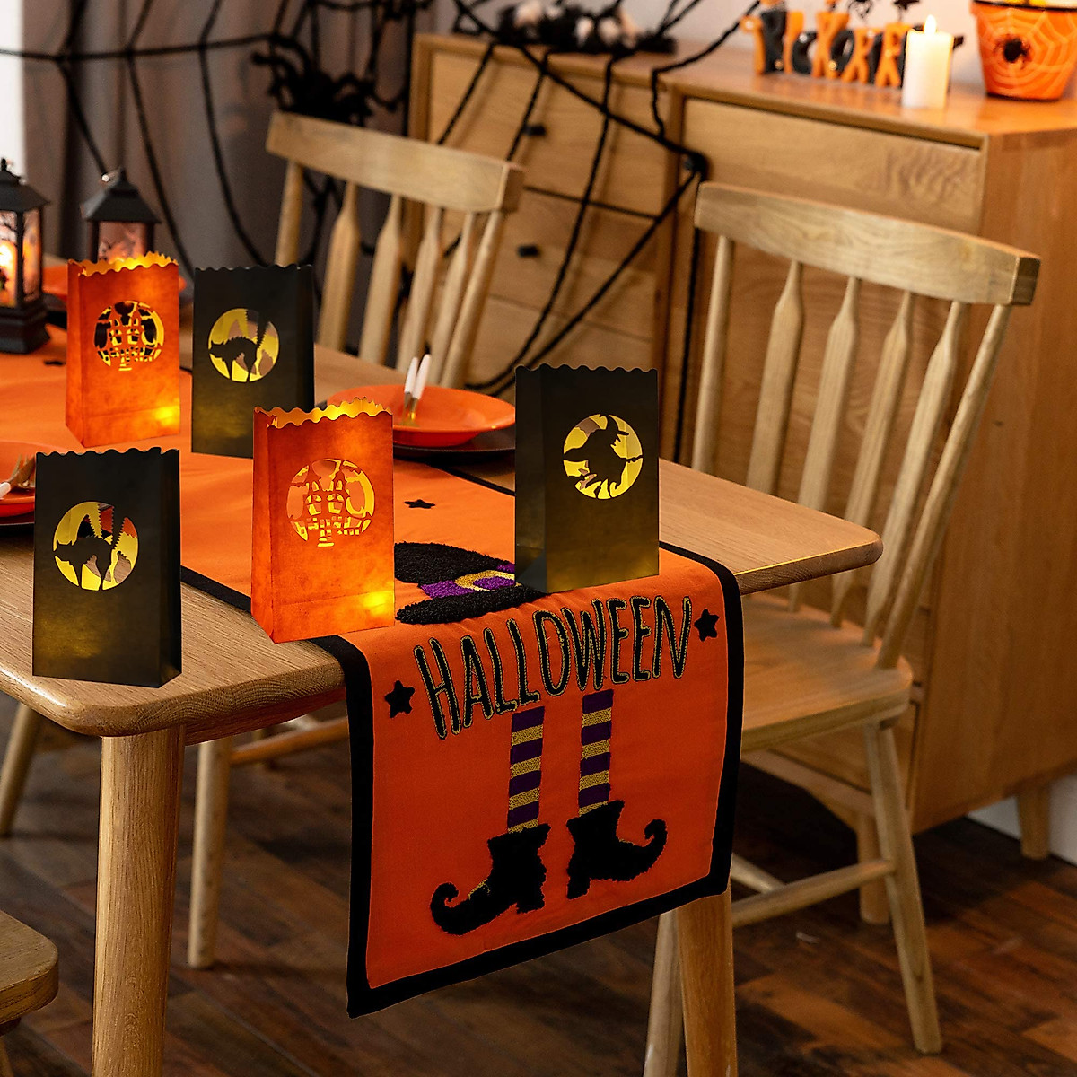 Stmarry 48 pcs Halloween Luminary Bags, Flame Resistant Luminaries, Orange and Black Tea Light Candle Bags - Witch, Black Cat Silhouette Decorations & Party Lanterns