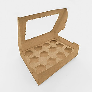 Tectonic Key 5 pack Kraft Brown Disposible Cupcake Box Carrier Containers with 5 inserts 12.9 x 9.34 x 4in with PVC clear Window Recycleble Holds Cupcakes, Muffins, and many Bakery pasteries