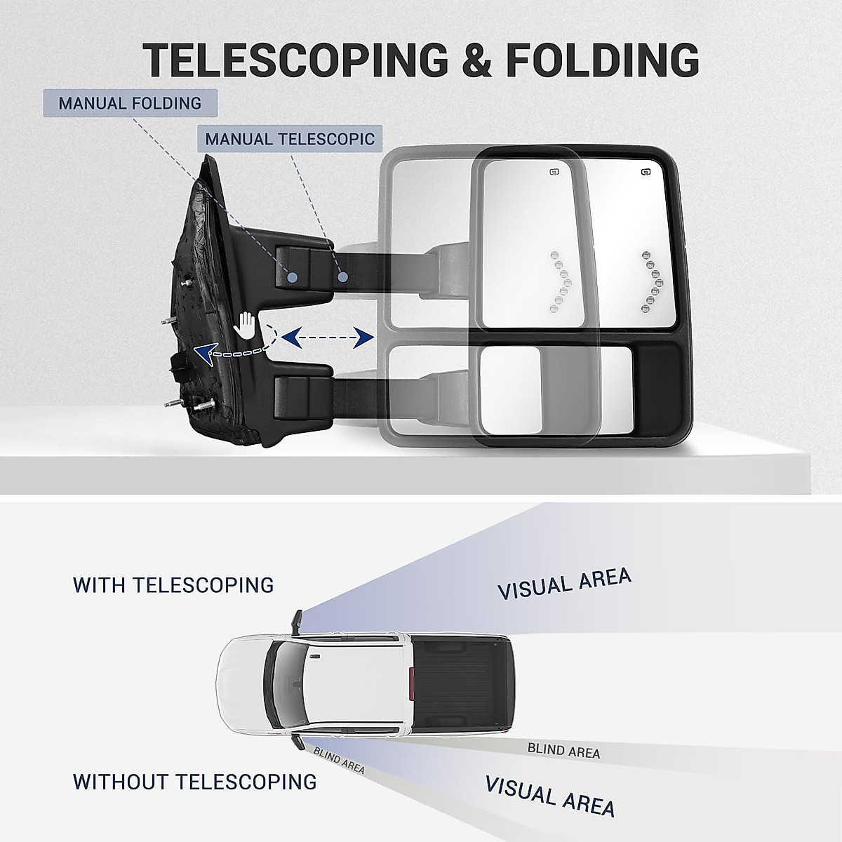 Towing Mirrors Compatible with 1999-2016 F250 F350 F450 F550 Super Duty Truck Pickup Side Tow Mirrors, Power Heated Extendable Manual telescoping&Folding Pair Arrow Turn Signal Lights Smoke